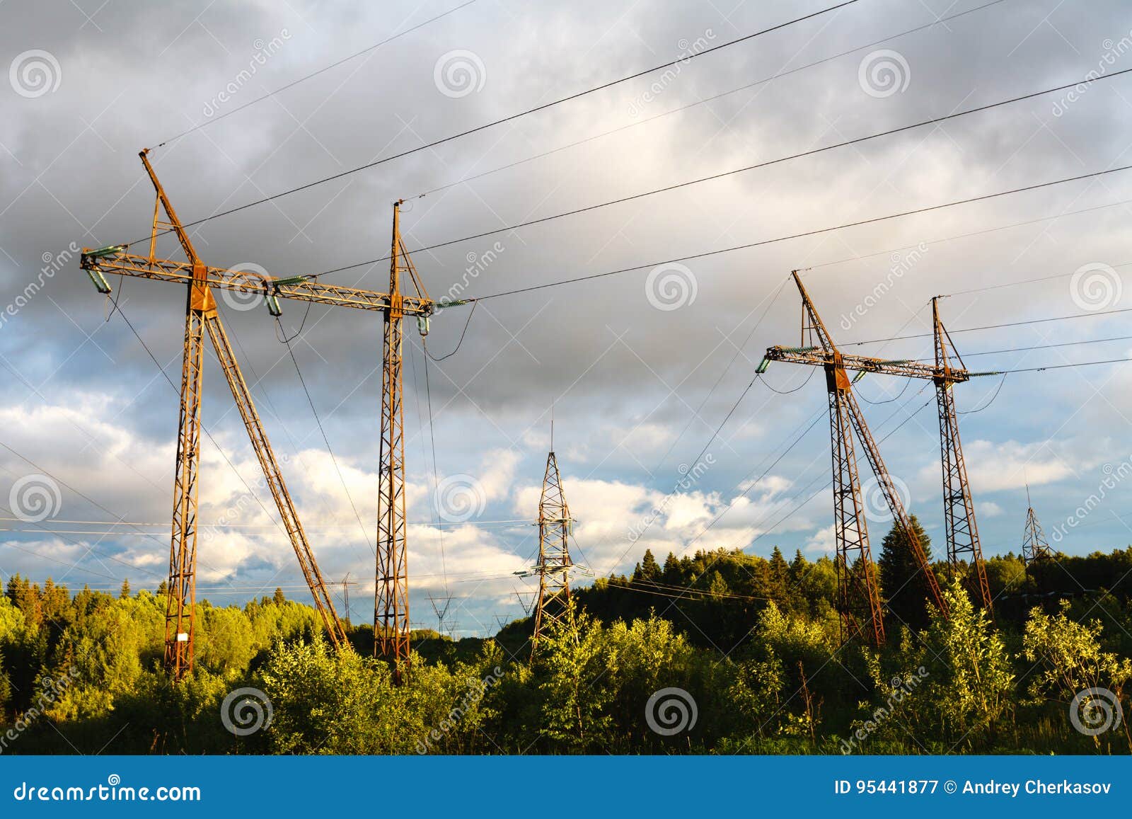 High-voltage Power Lines at Sunset. Electricity Distribution Sta Stock ...