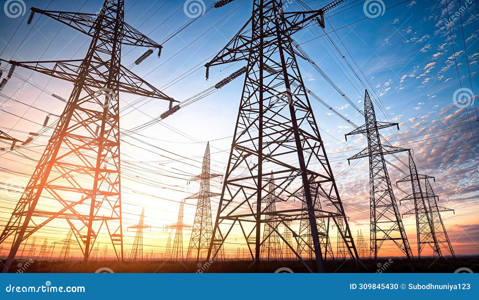 High-voltage Power Lines at Sunset. Electricity Distribution Station ...