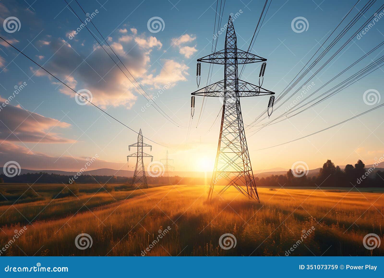 High-voltage Power Lines at Sunset. Electricity Distribution Station ...