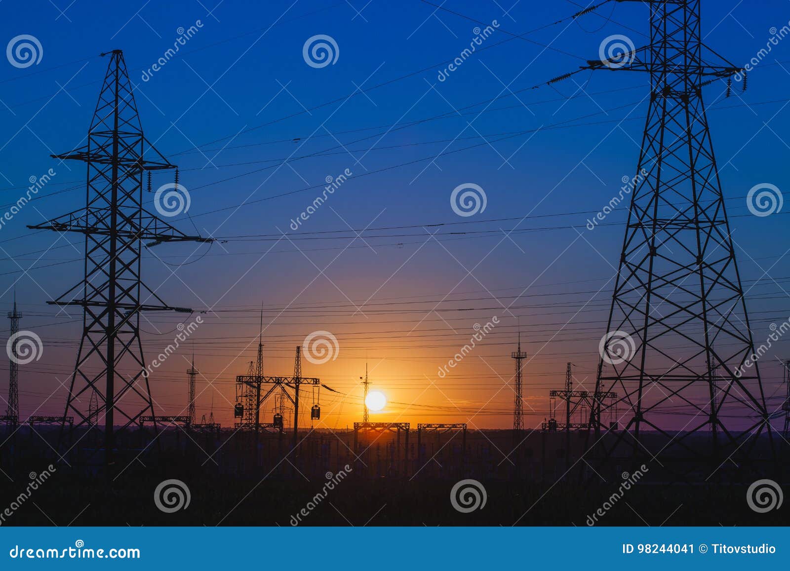 High-voltage Power Lines at Sunset. Stock Image - Image of powerline ...