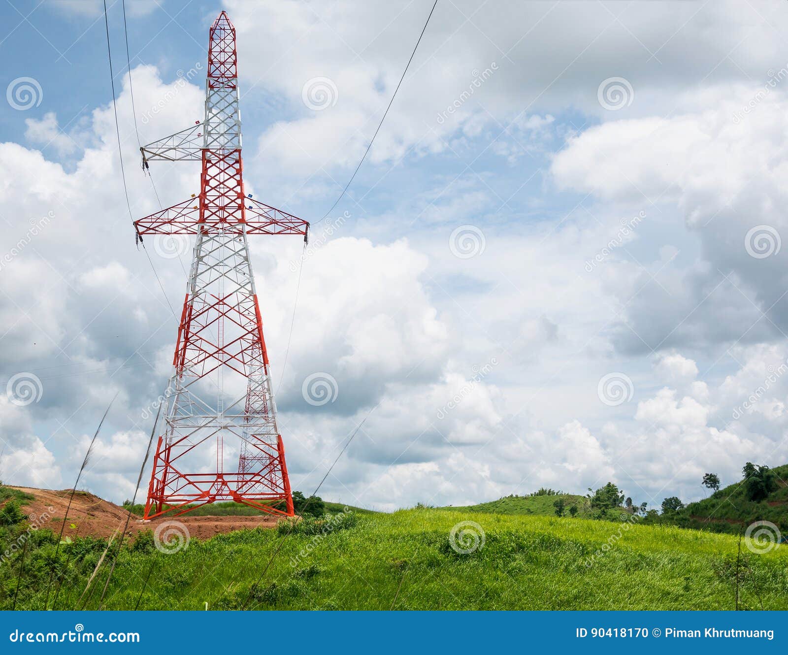 High Voltage Power Lines Tower on Green Mountain Stock Photo - Image of ...