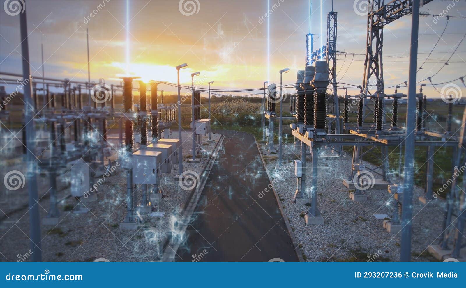 High Voltage Power Station at Sunset. 3D Graphic of Electricity Stock ...