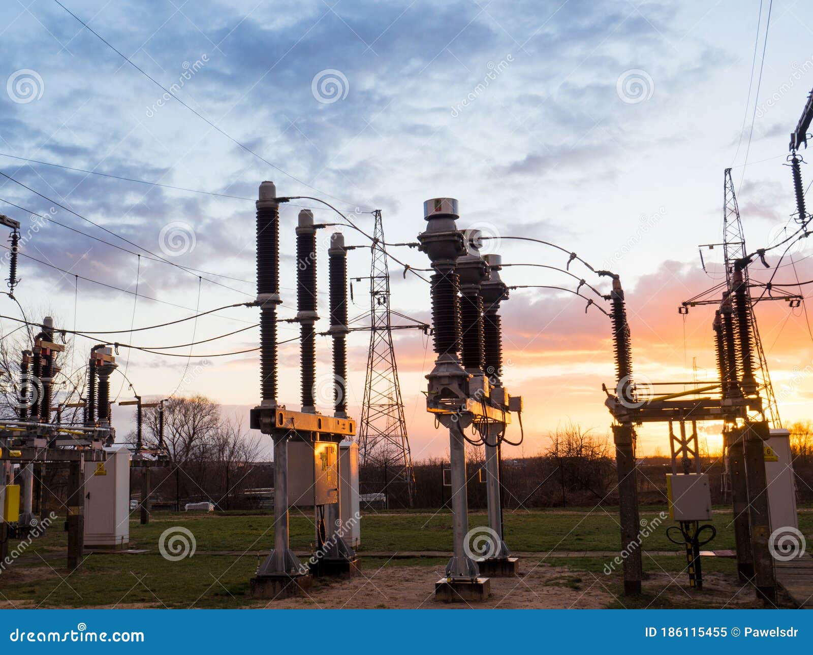 High Voltage Power Substation in the Sunset Sky Stock Image - Image of ...