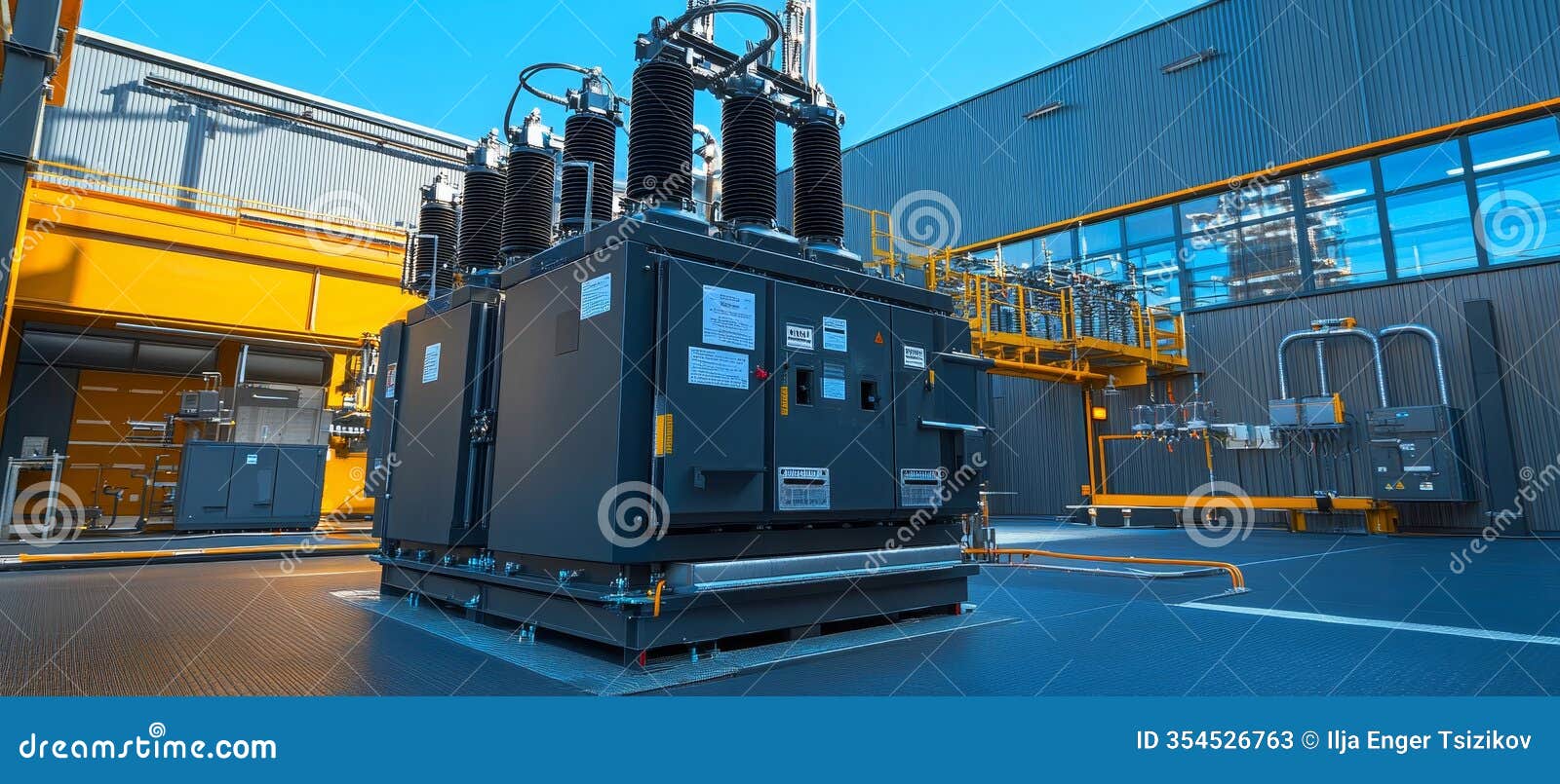 High-Voltage Power Substation With Transformers, Clear Blue Sky In ...