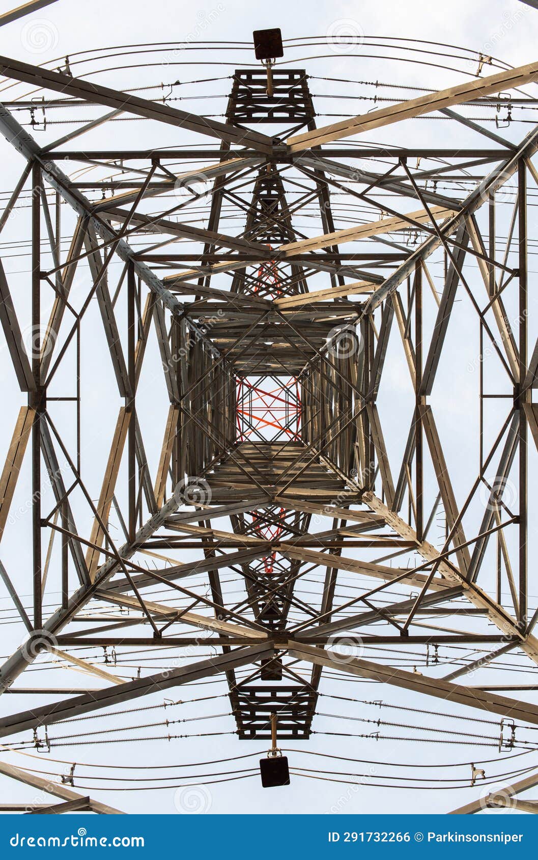 High-Voltage Power Tower from Ground Perspective Stock Photo - Image of ...