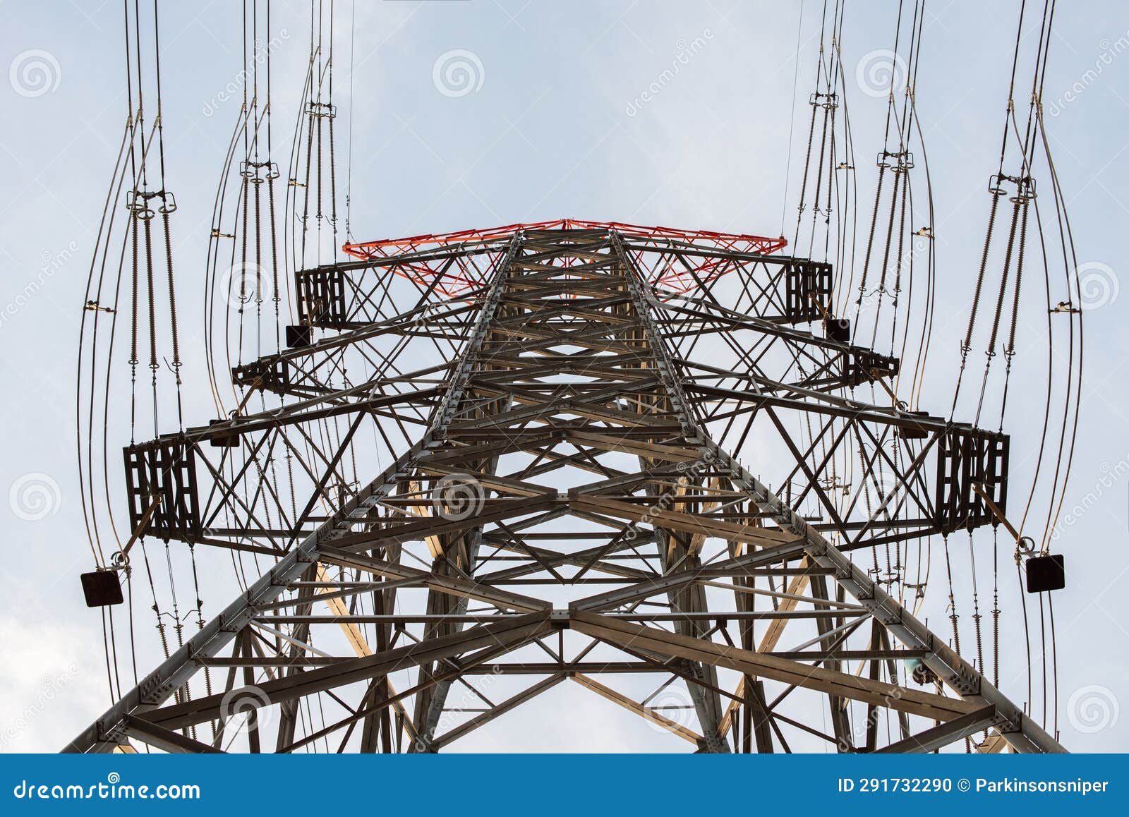 High-Voltage Power Tower from Ground Perspective Close Up Stock Photo ...