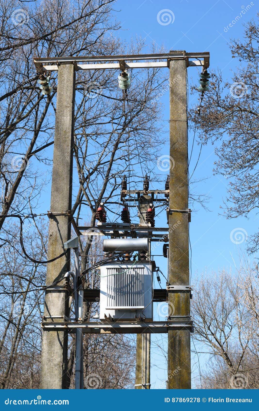 High Voltage Power Transformer Mounted on Two Concrete Poles in Forest ...