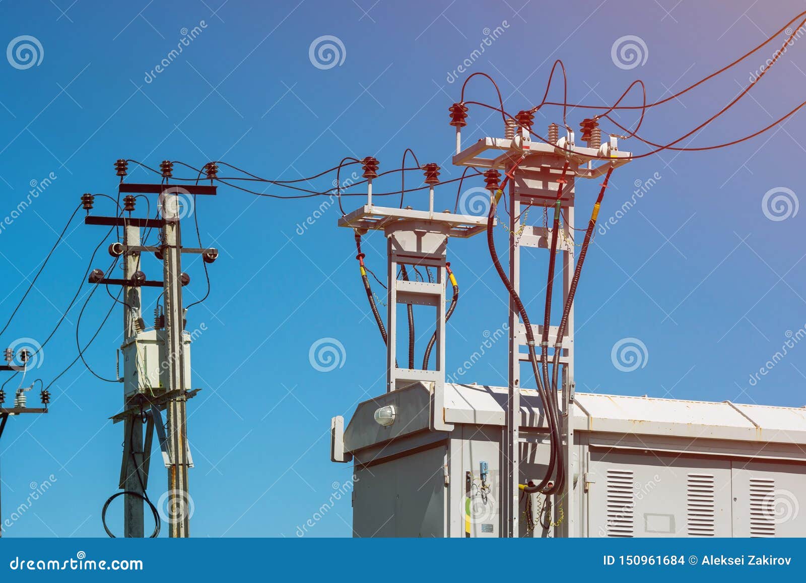 High Voltage Power Transformer Substation. Power Transmission Line ...