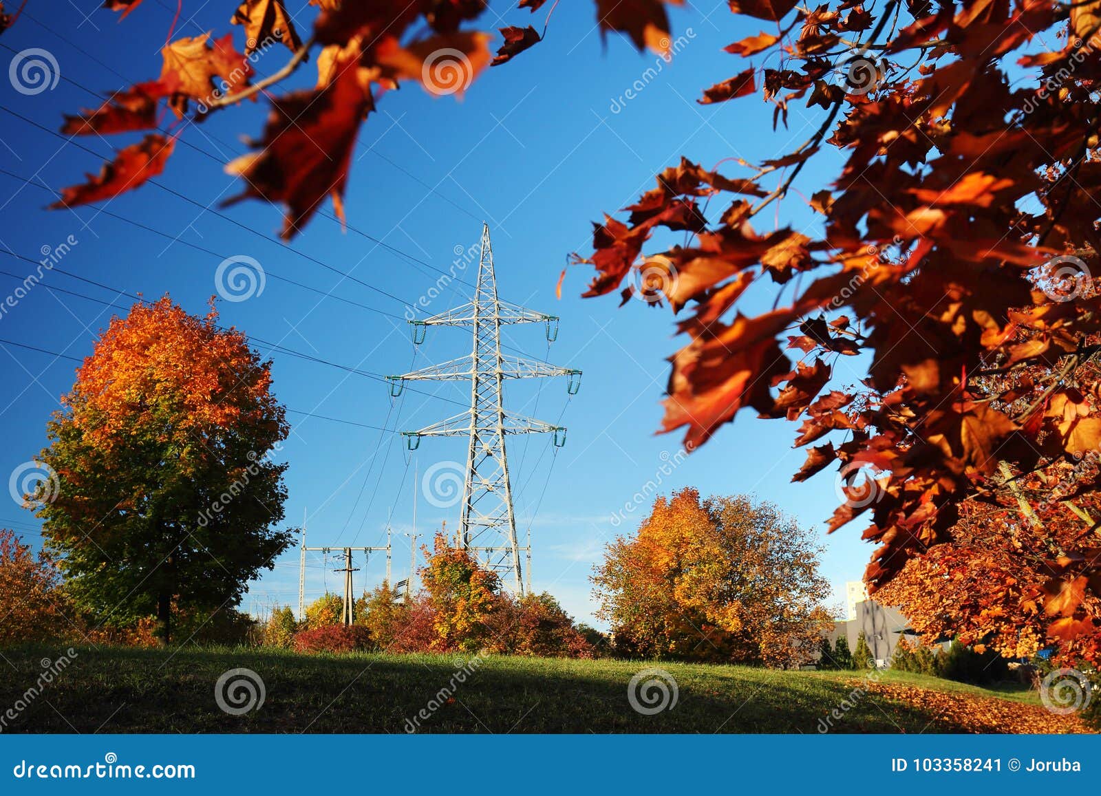 High-voltage pylon in fall stock image. Image of forest - 103358241