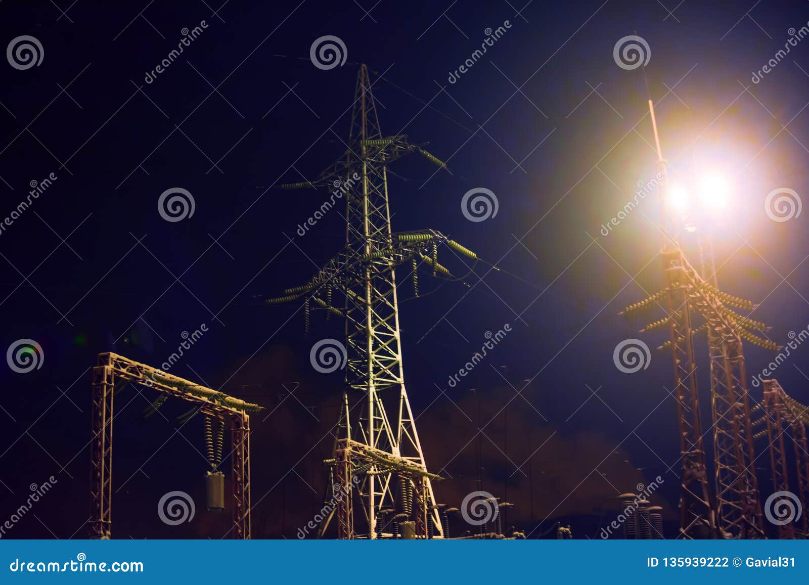 High Voltage Substation at Night. Soft Focus Stock Photo - Image of ...