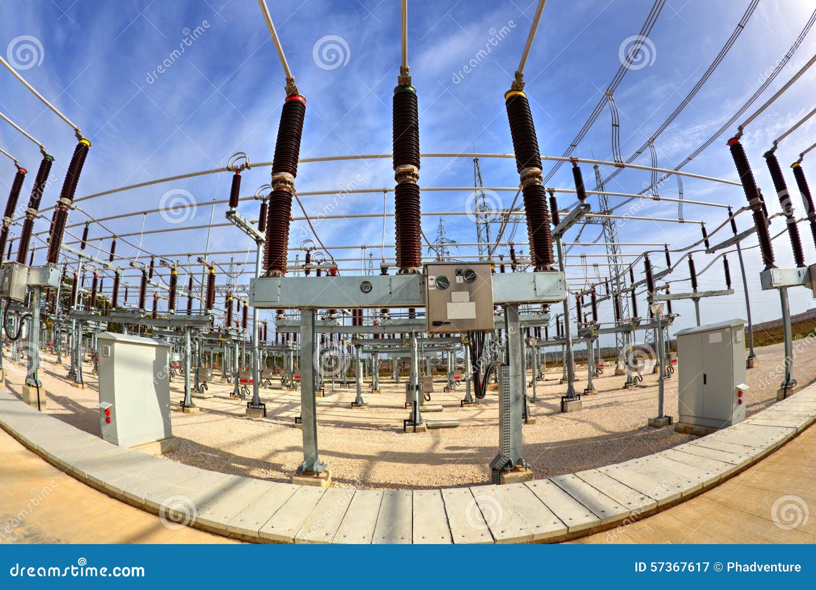 High Voltage Switchyard in Fisheye Perspective Stock Image - Image of ...