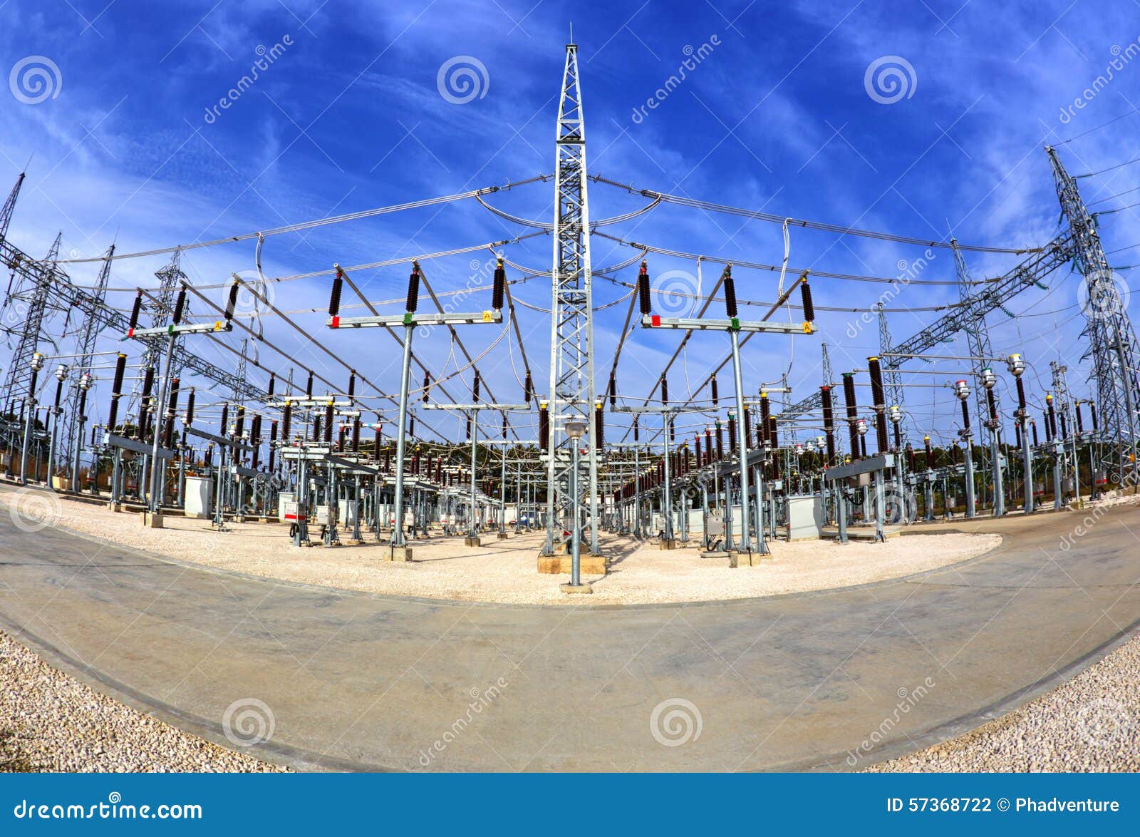 High Voltage Switchyard in Fisheye Perspective Stock Photo - Image of ...