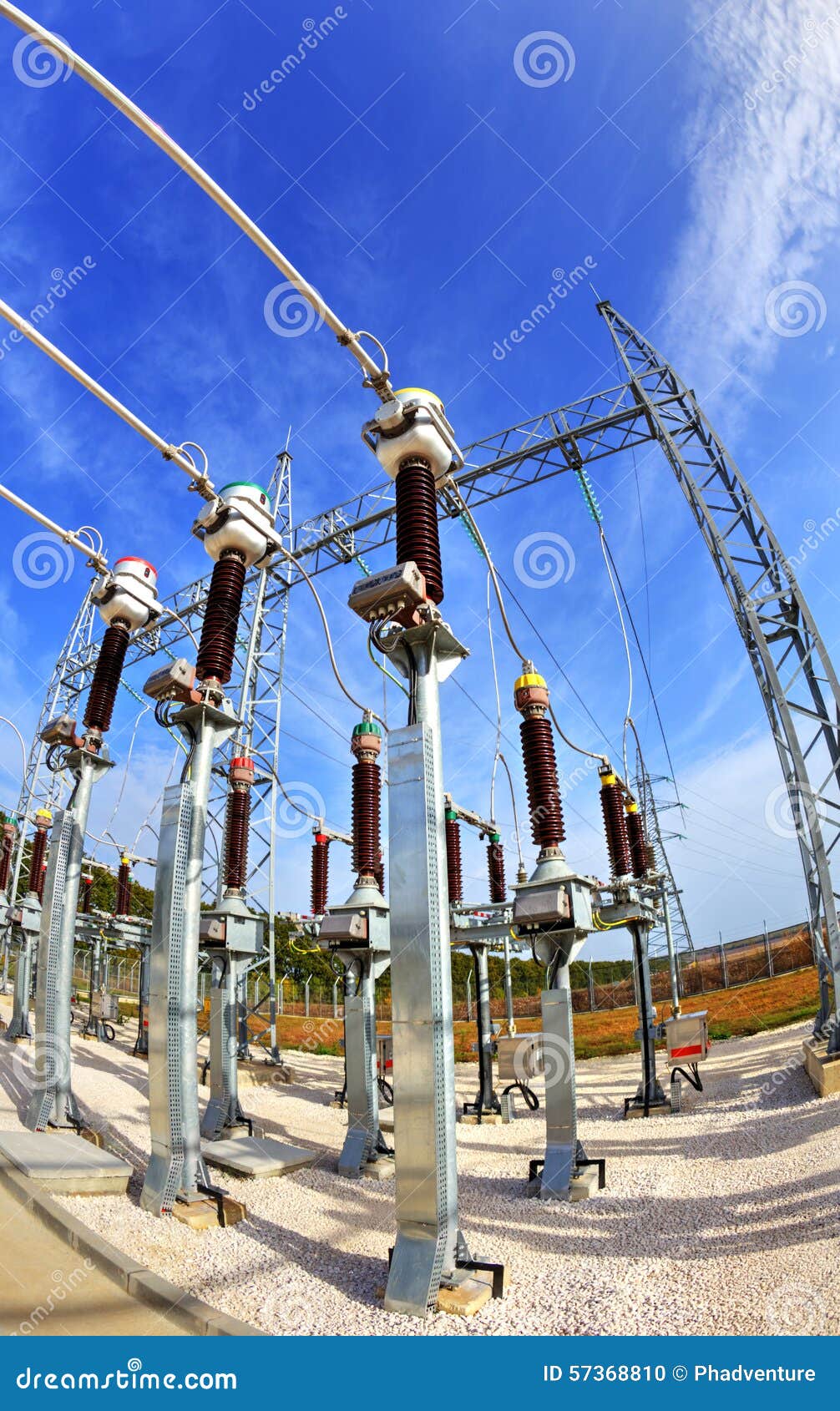 High Voltage Switchyard in Fisheye Perspective Stock Photo - Image of ...
