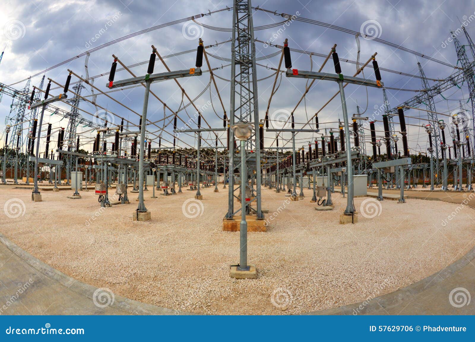 High Voltage Switchyard in Fisheye Perspective Stock Photo - Image of ...