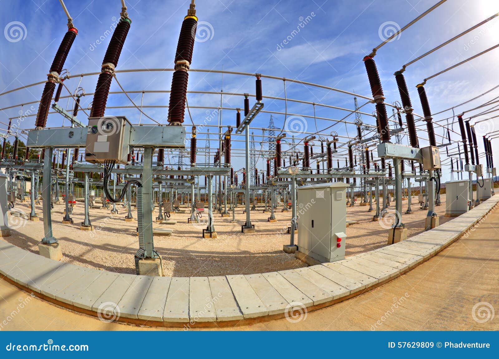 High Voltage Switchyard in Fisheye Perspective Stock Image - Image of ...