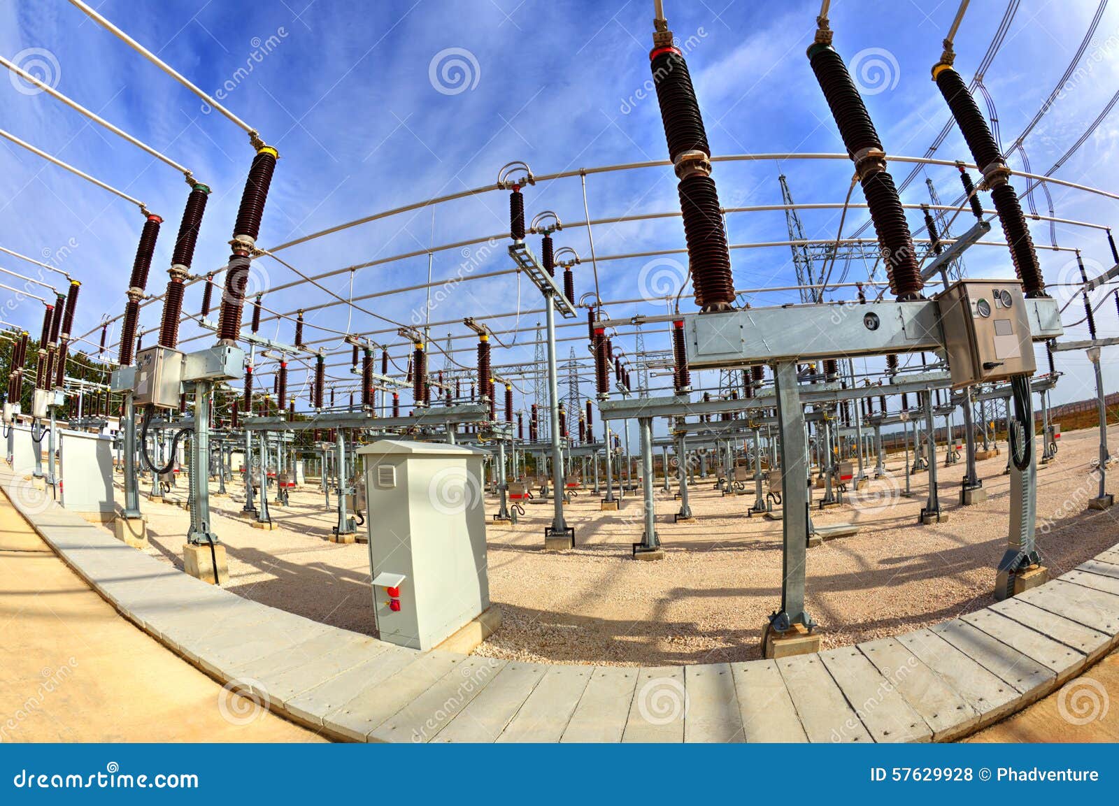 High Voltage Switchyard in Fisheye Perspective Stock Photo - Image of ...
