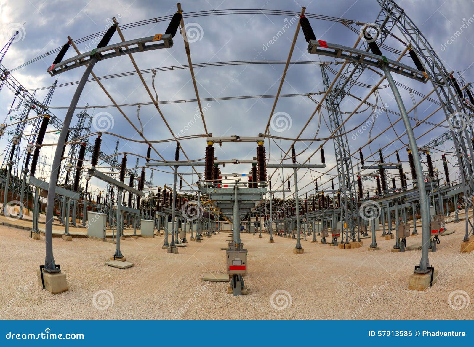 High Voltage Switchyard in Fisheye Perspective Stock Photo - Image of ...
