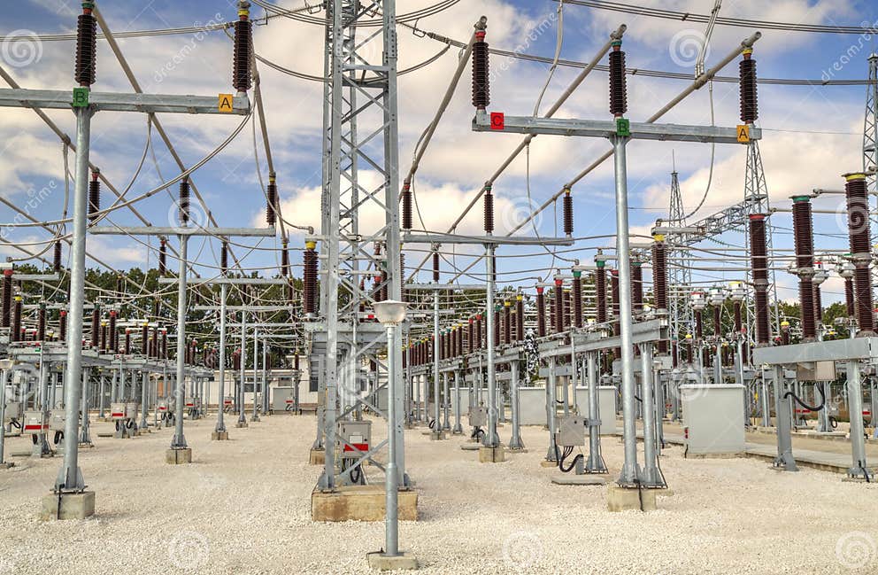 High voltage switchyard stock photo. Image of distribution - 46809196