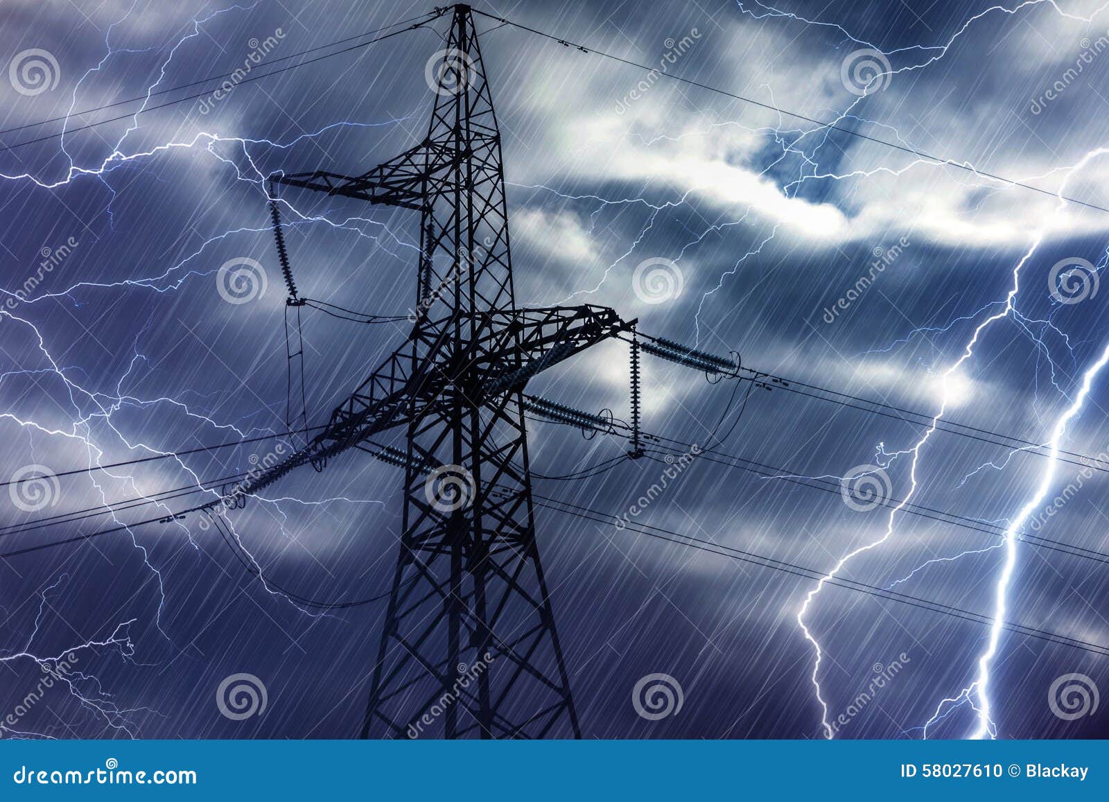 Power Distribution Station With Lightning Strike. Stock Image ...