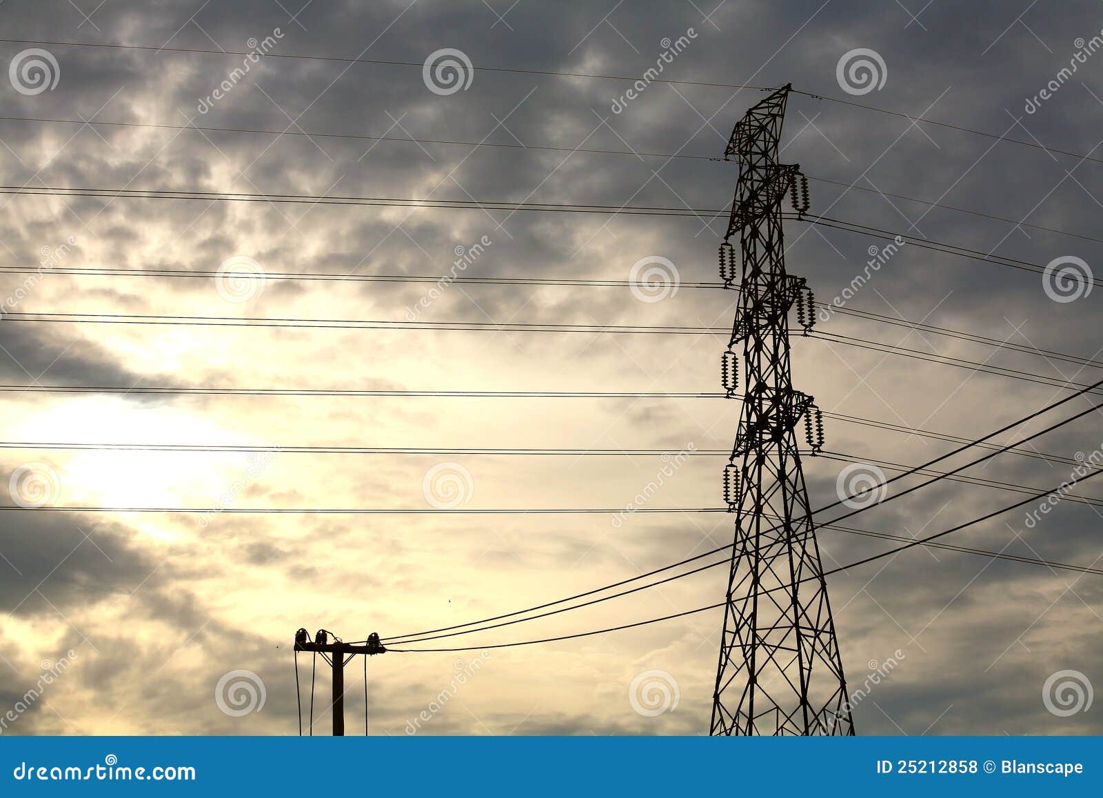 High Voltage Tower and Small Electric Post Stock Photo - Image of ...