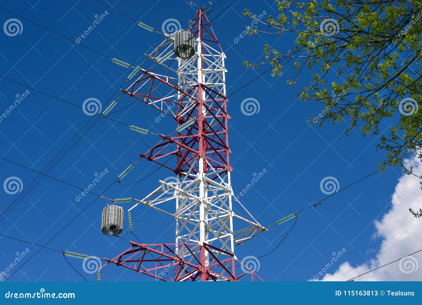 High Voltage Tower and Spring Tree. Stock Image - Image of background ...