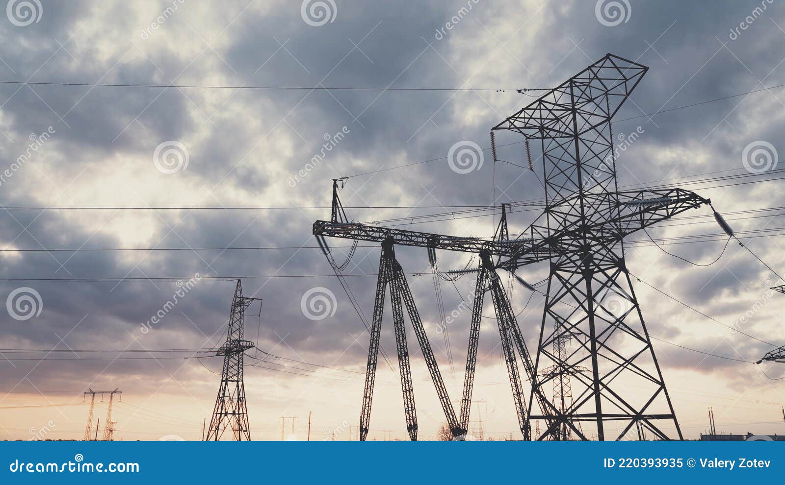 High Voltage Towers at Sunset in the Sky, High Voltage Power Grids ...