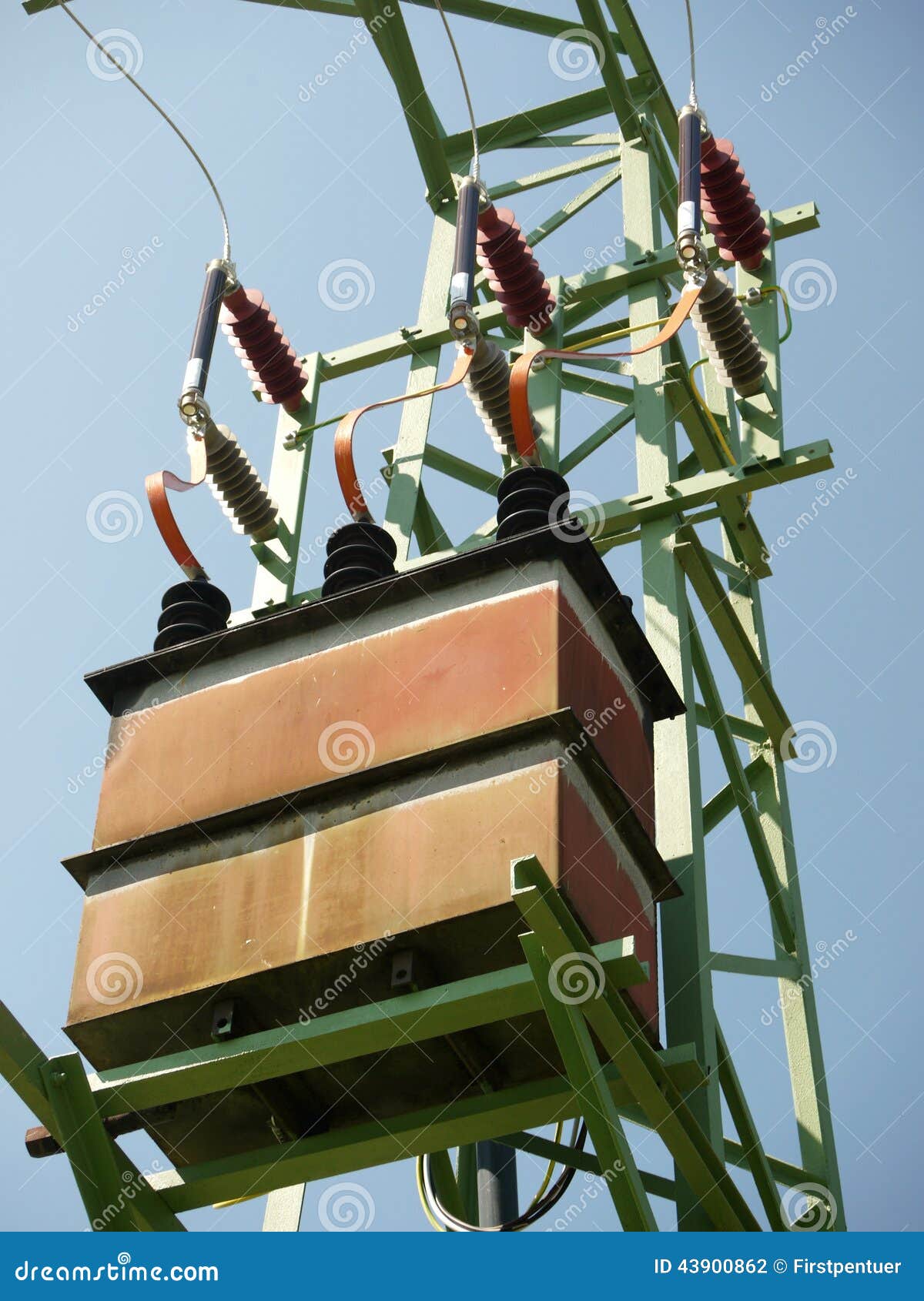 High Voltage Transformer on Metal Pylon Stock Photo - Image of ...