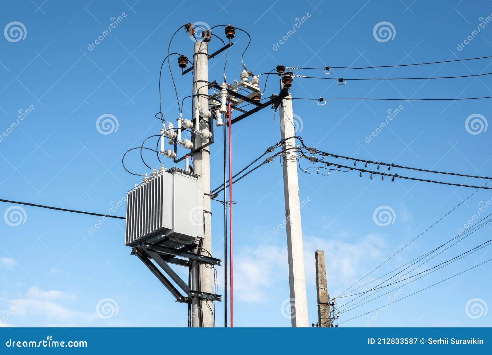 Transformer Mounted on a Pole on Blue Sky Background Stock Image ...