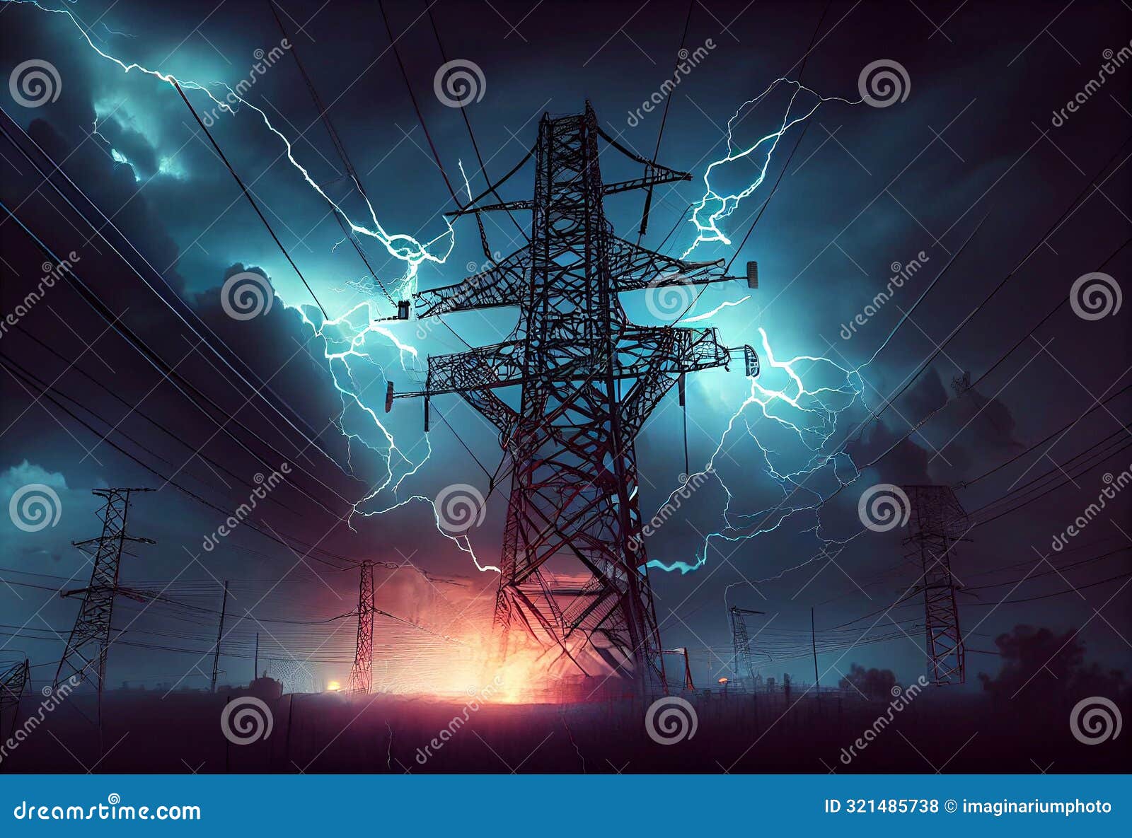 High Voltage Transmission Line Illuminated by Lightning Stock Photo ...