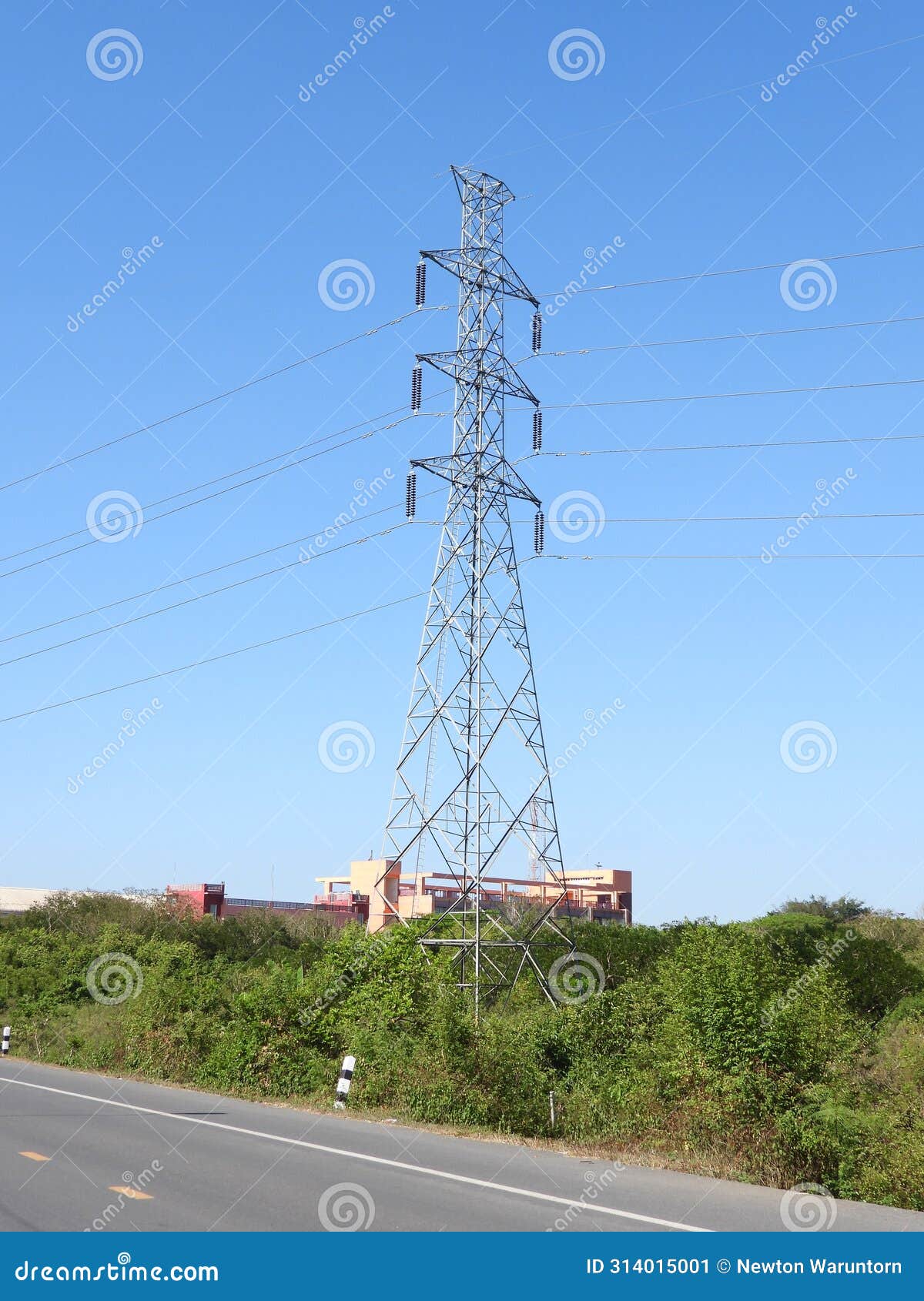 High Voltage Transmission Line Near the Road Stock Image - Image of ...