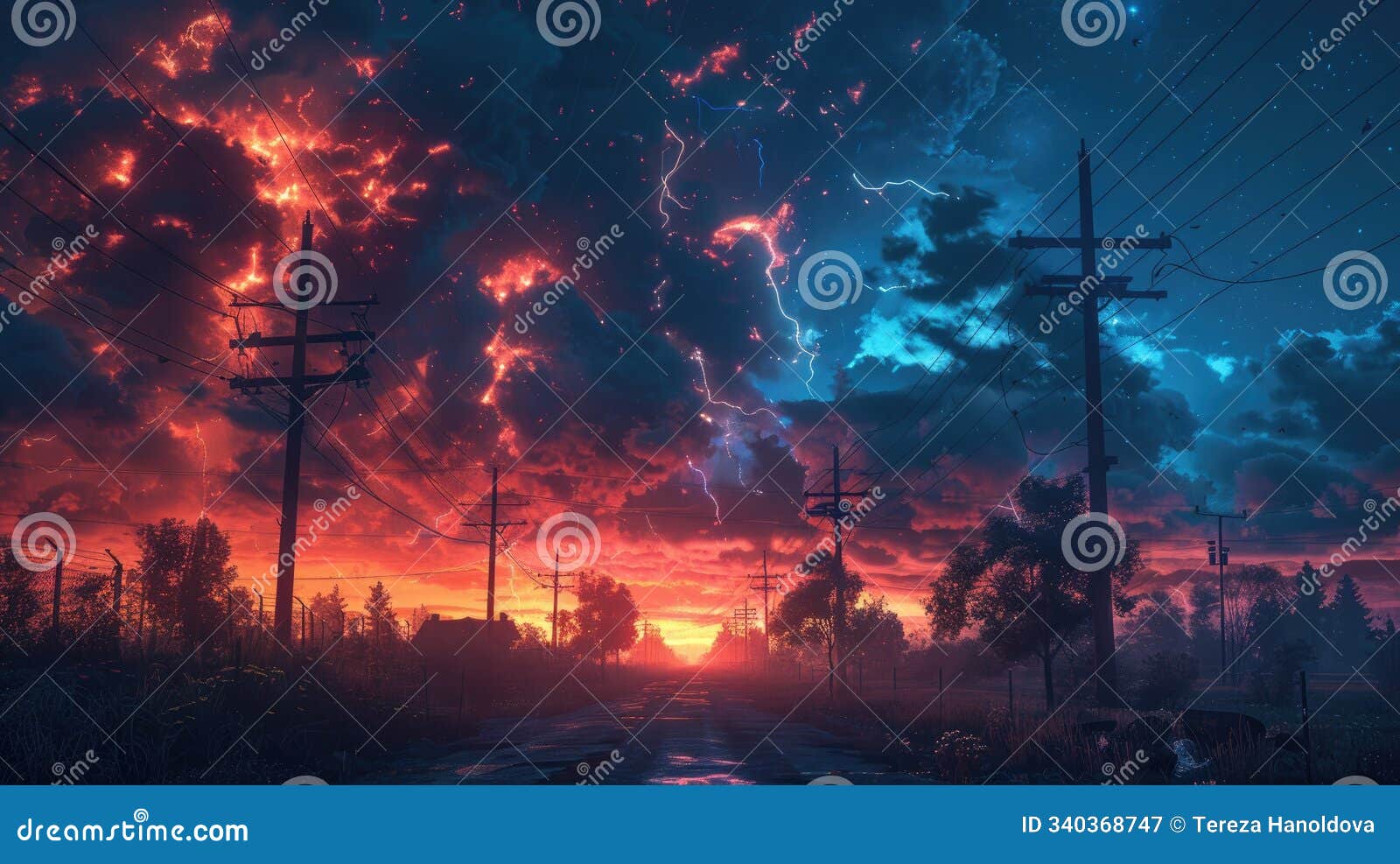 High-voltage Transmission Lines Against a Dramatic Sunset Sky Stock ...