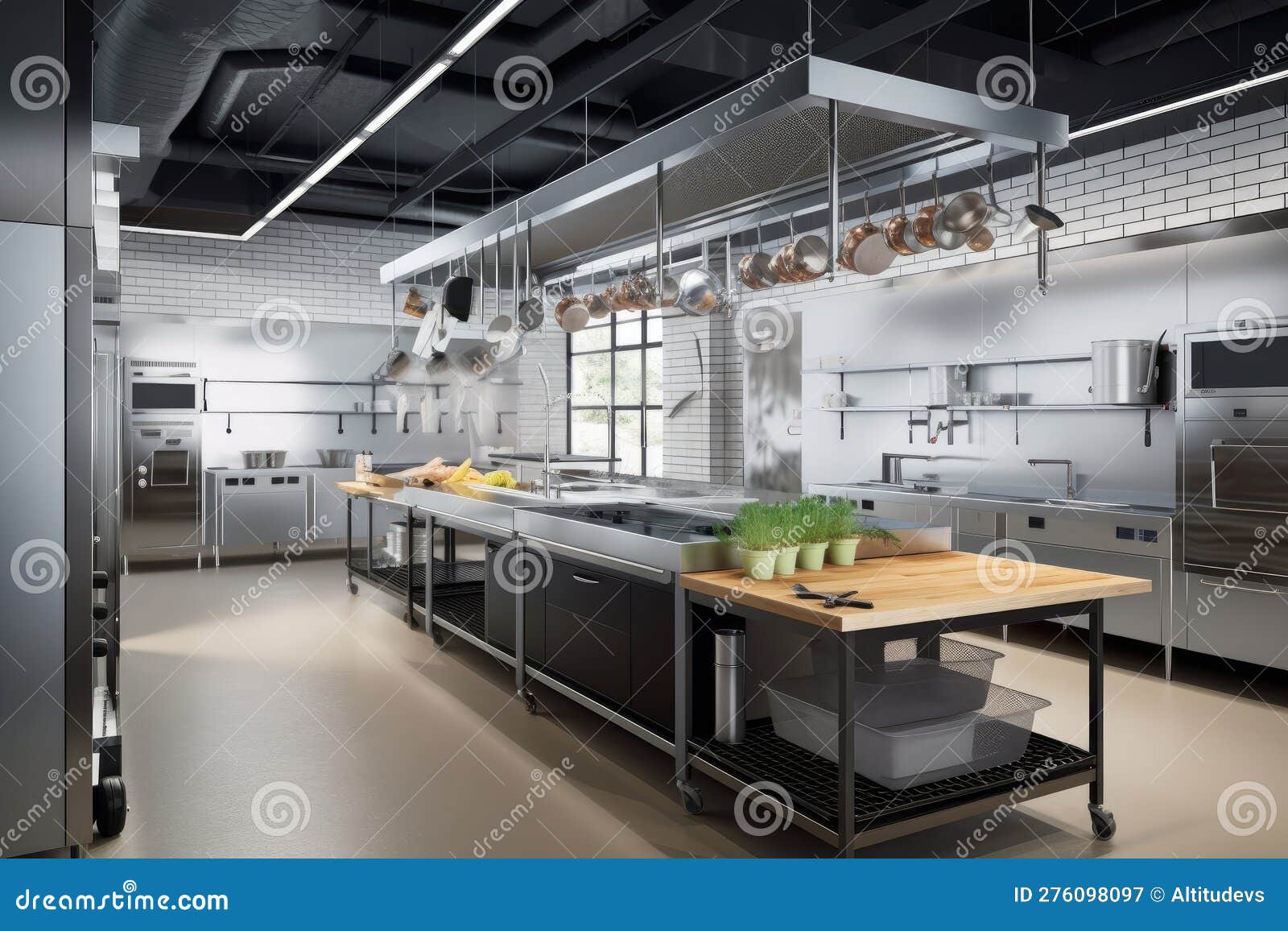 High-volume Kitchen with Row of Cooking Stations, Each Equipped with ...