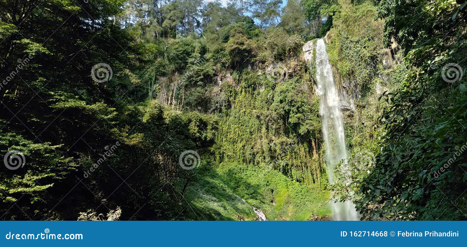 High Waterfall and Beautiful between Trees Stock Photo - Image of blue ...