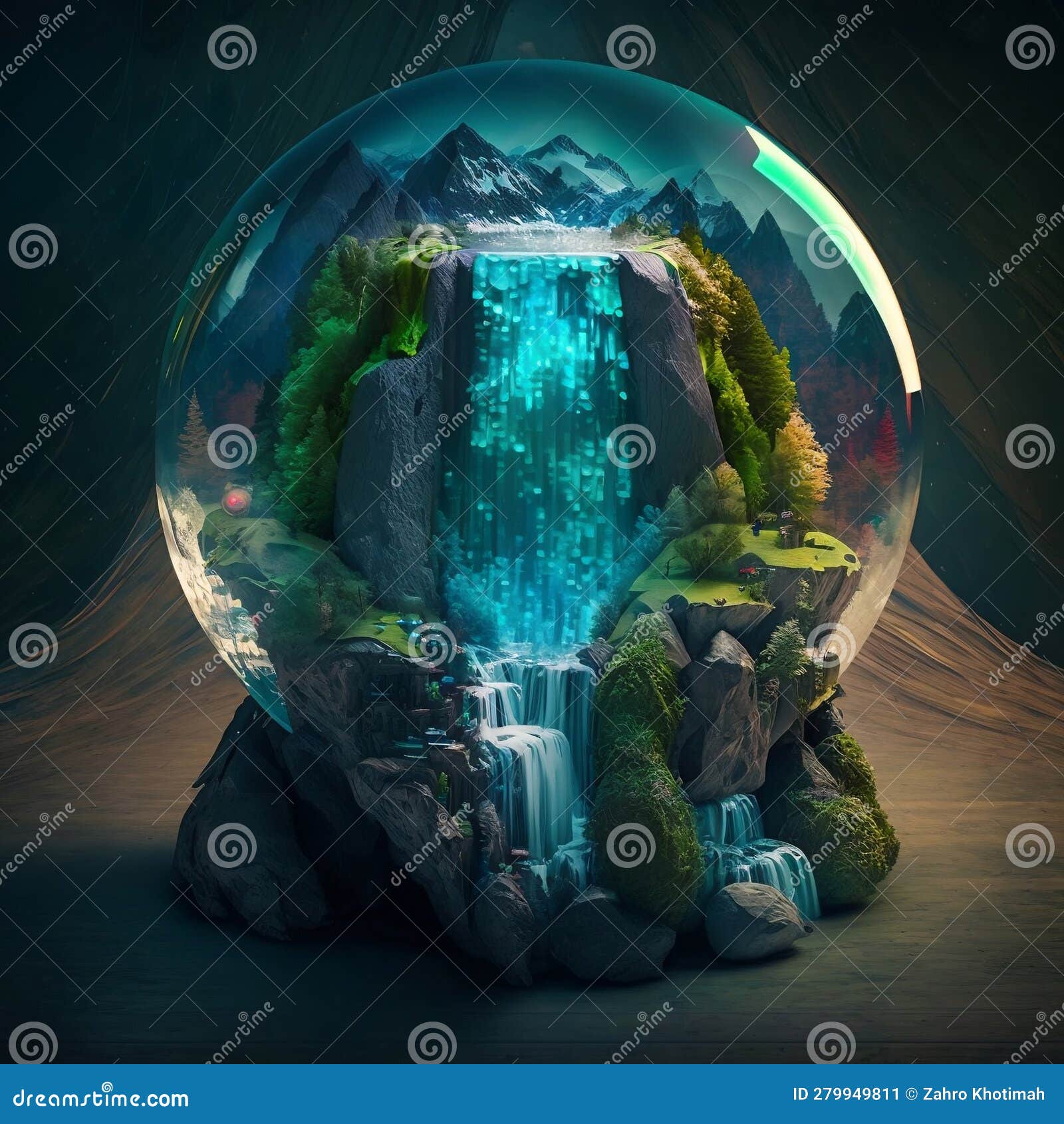 High Waterfall Scenery Inside of Globe Stock Illustration ...