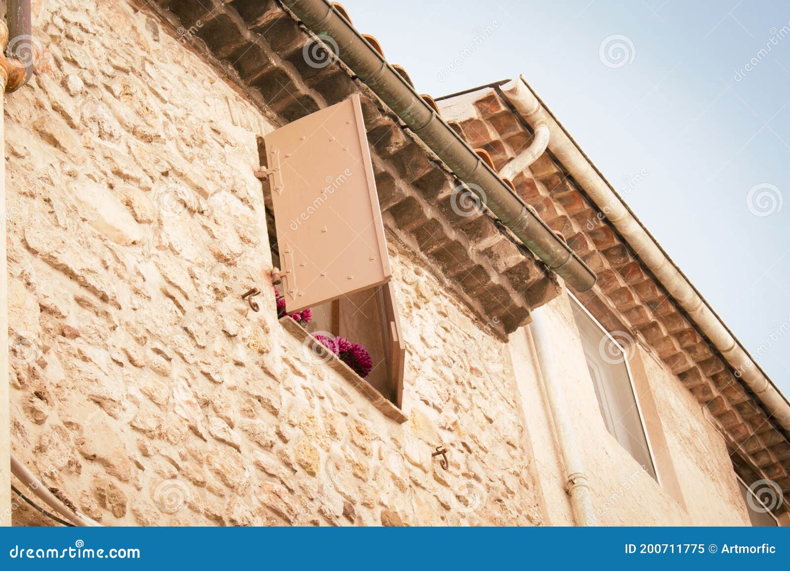 High Window with Open Shutters in Yellow Brick Wall Stock Image - Image ...