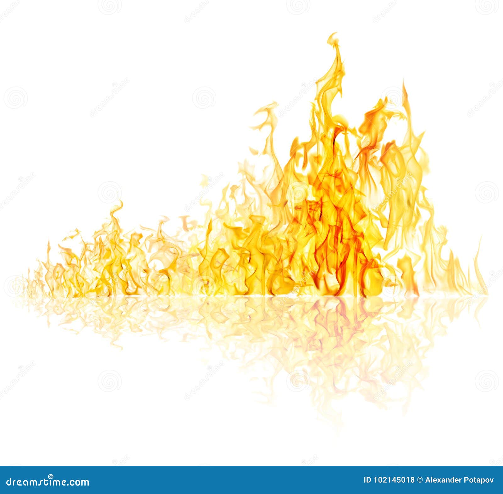 High Yellow Fire with Reflection on White Stock Photo - Image of flame ...