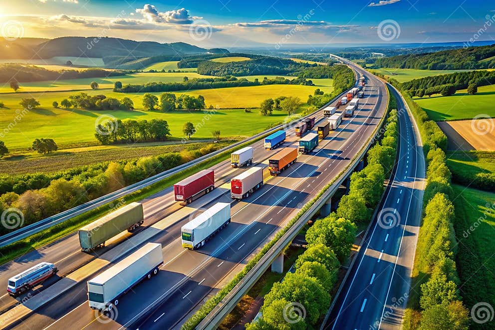 HighAngle Perspective of a Busy Interstate Highway System Freight ...