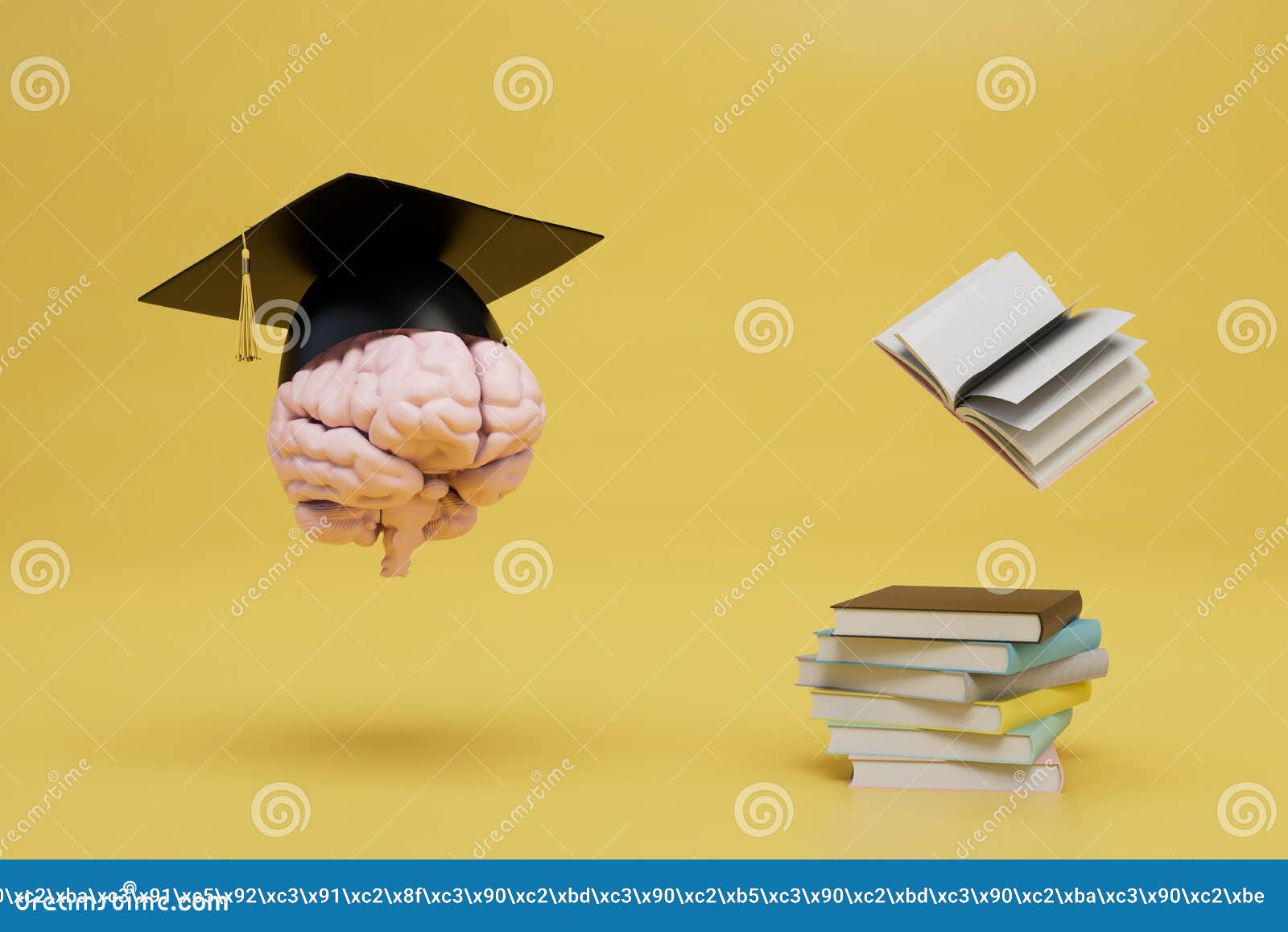 Higher Education Concept. Brain in a Graduation Cap Near a Stack of ...