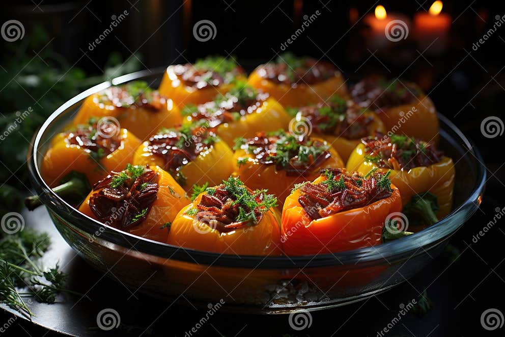 Higher View More Closely Cooked Peppers With Ground Beef Inside In Gray