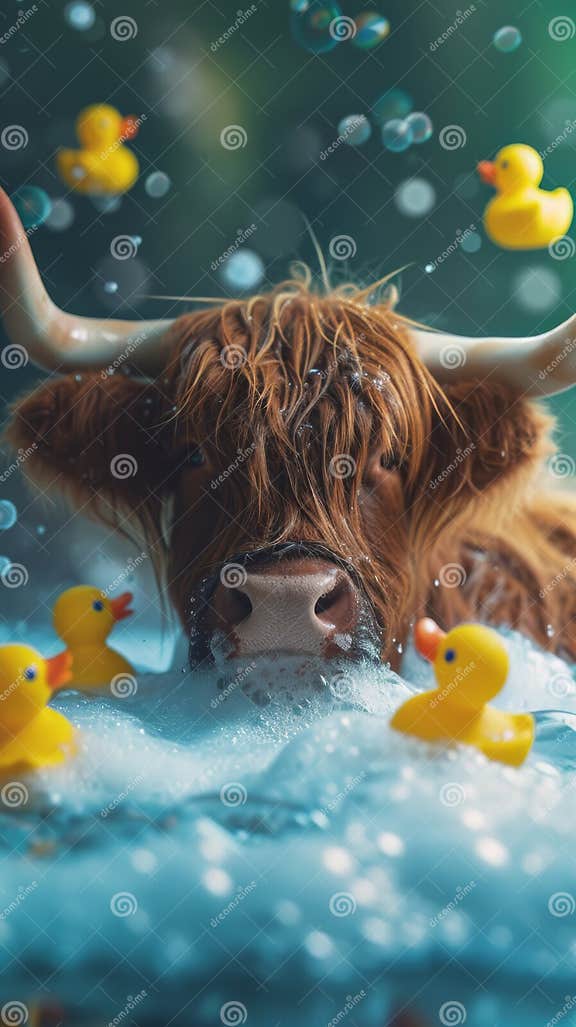 Highland Cow in a Bubble Bath with Rubber Ducks Stock Photo - Image of ...