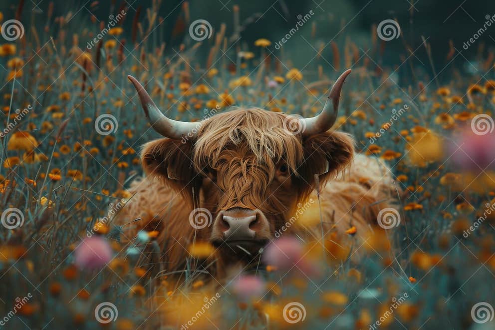 Highland Cow Gazes Calmly through a Colorful Meadow of Wildflowers ... Highland Cow Gazes Calmly through a Colorful Meadow of Wildflowers ...