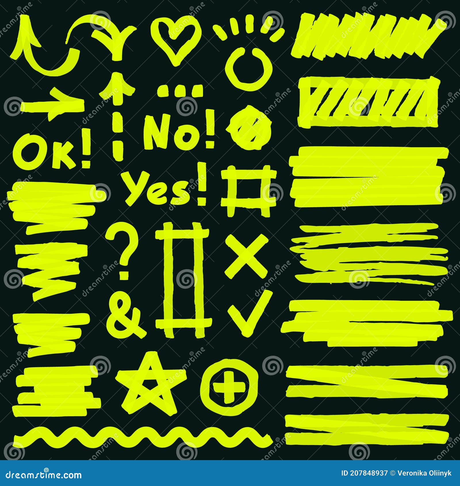 Highlight Marker Elements. Yellow Marker Lines, Arrows, Check Marks and ...