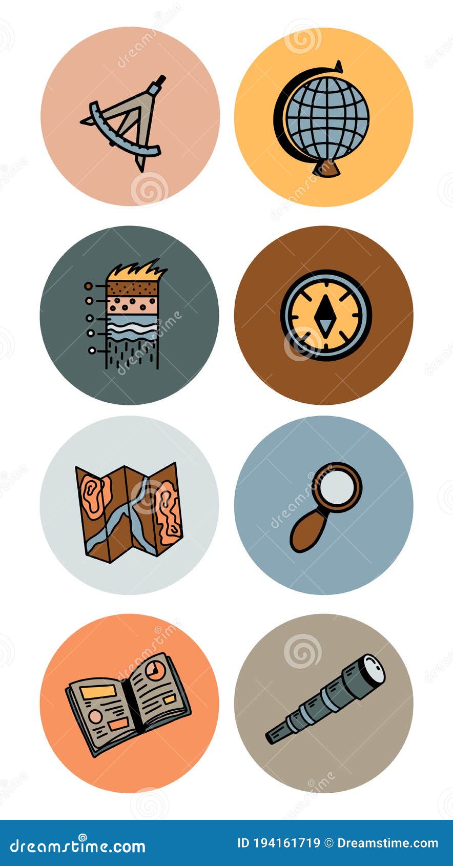 Icons with Elements of Geography, Globe, Compass, Map, Telescope. Stock ...