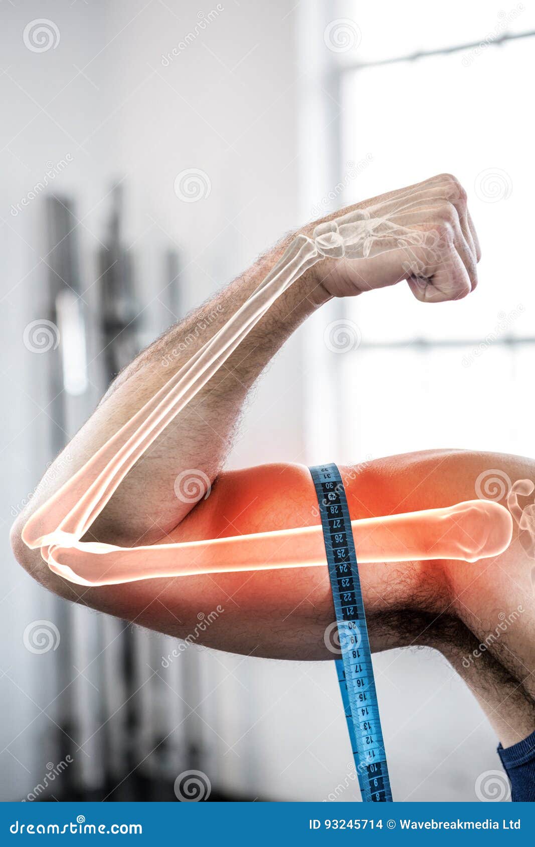 Highlighted Arm of Man Measuring Biceps with Measuring Tape Stock Photo ...