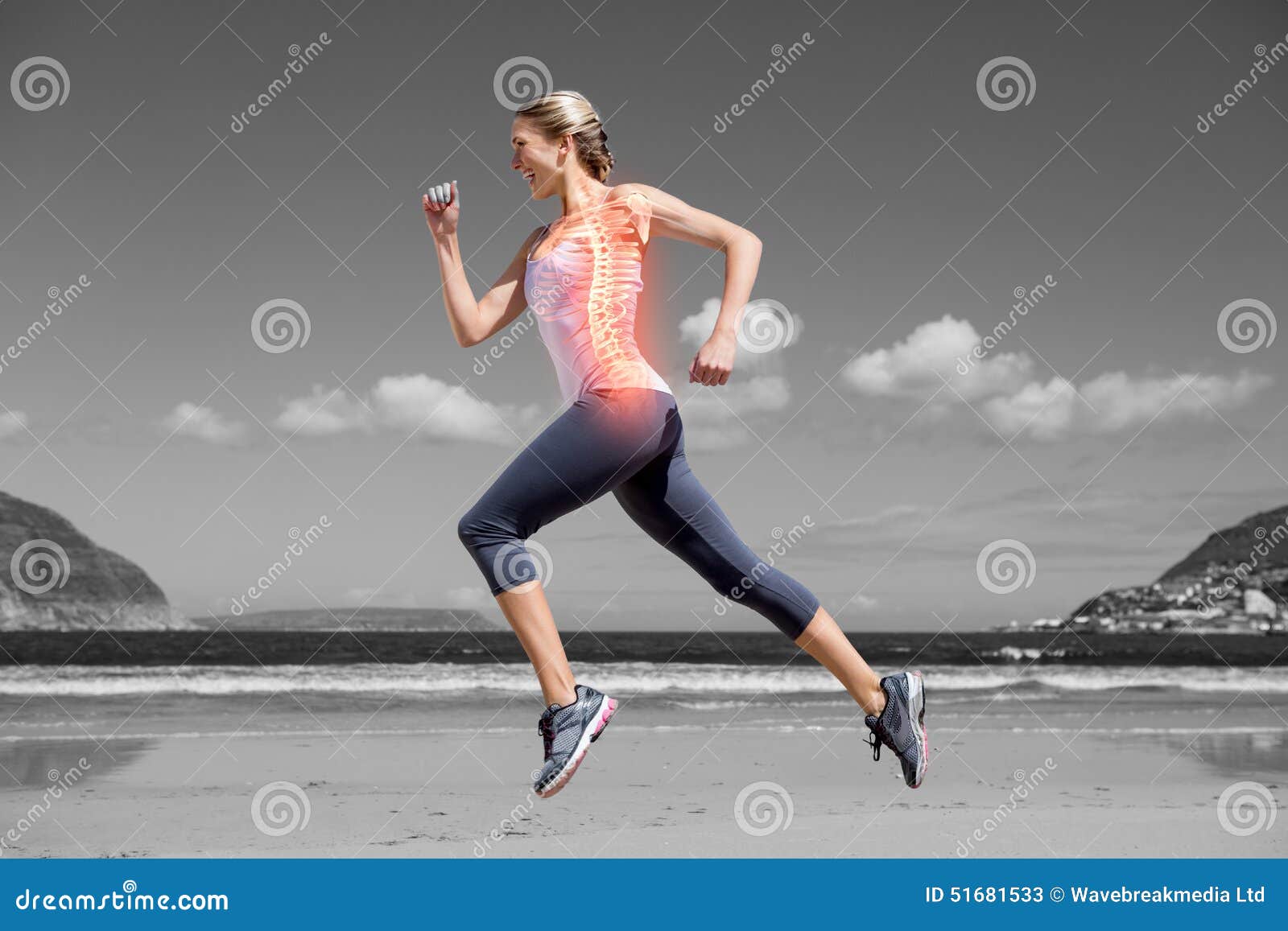 Highlighted Back Bones of Jogging Woman on Beach Stock Image - Image of ...
