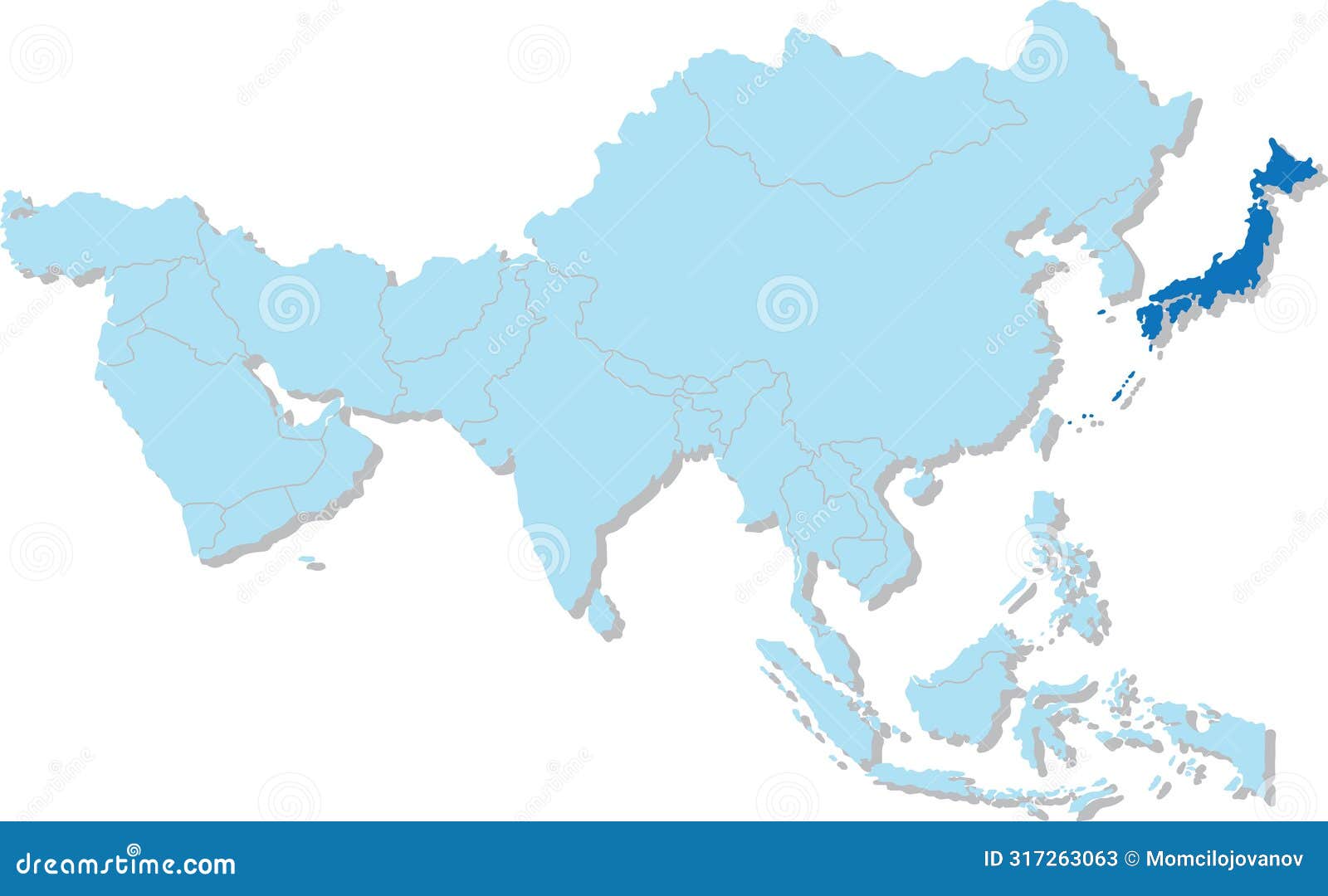Highlighted Blue Map of JAPAN Inside Light Blue 3D Map of Asia with Low ...
