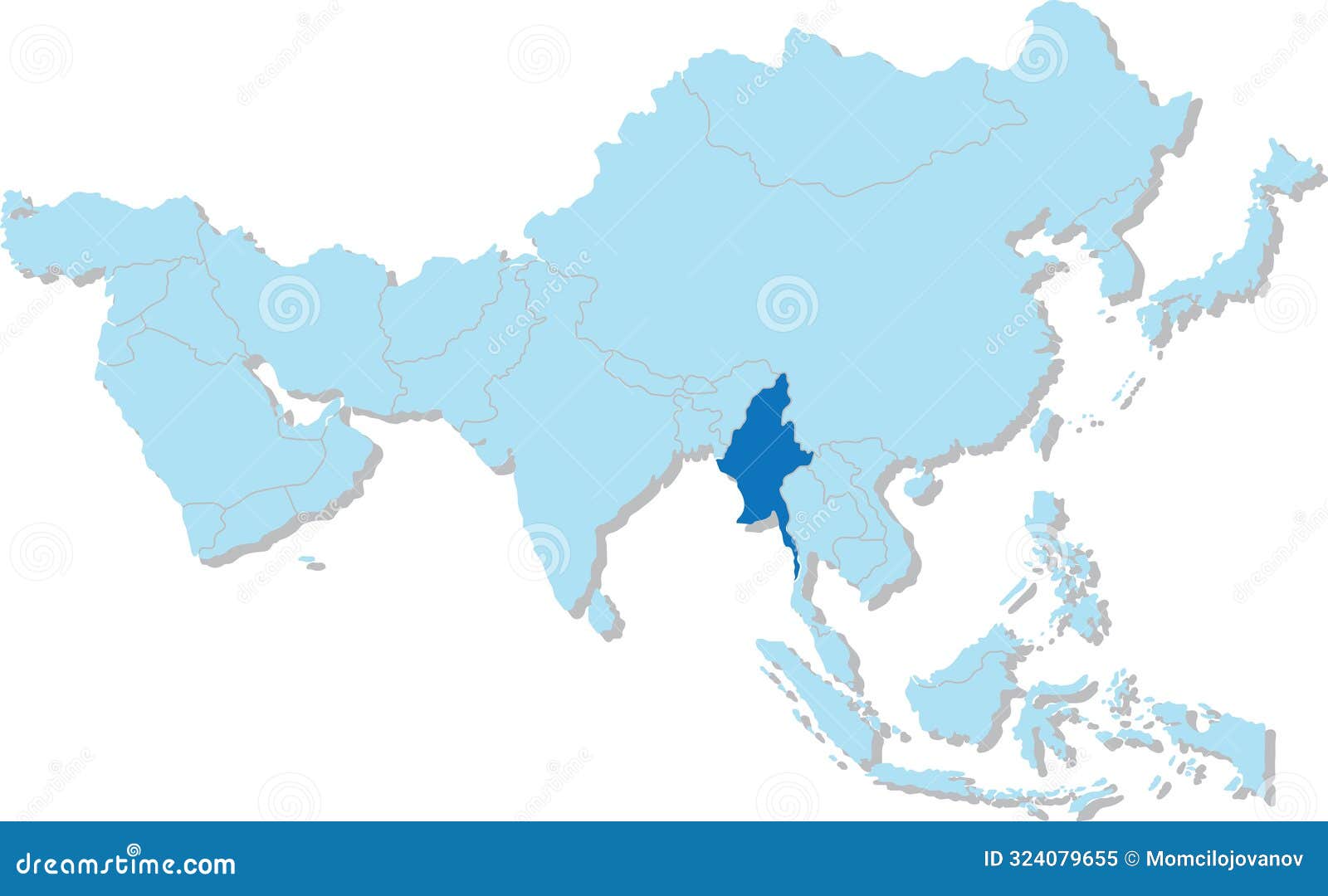 Highlighted Blue Map of MYANMAR Inside Light Blue 3D Map of Asia with ...