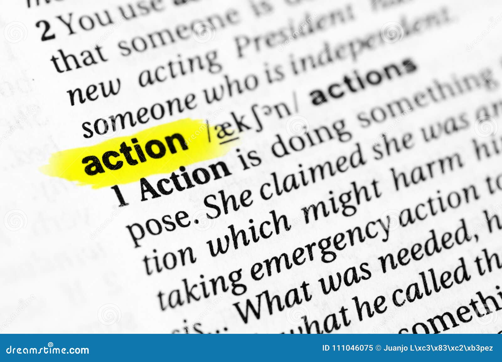 Highlighted English Word `action` and Its Definition in the Dictionary ...