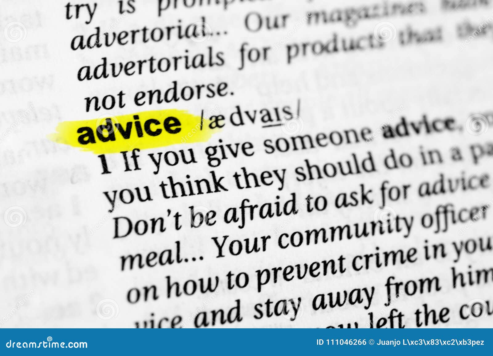 Highlighted English Word `advice` and Its Definition in the Dictionary ...