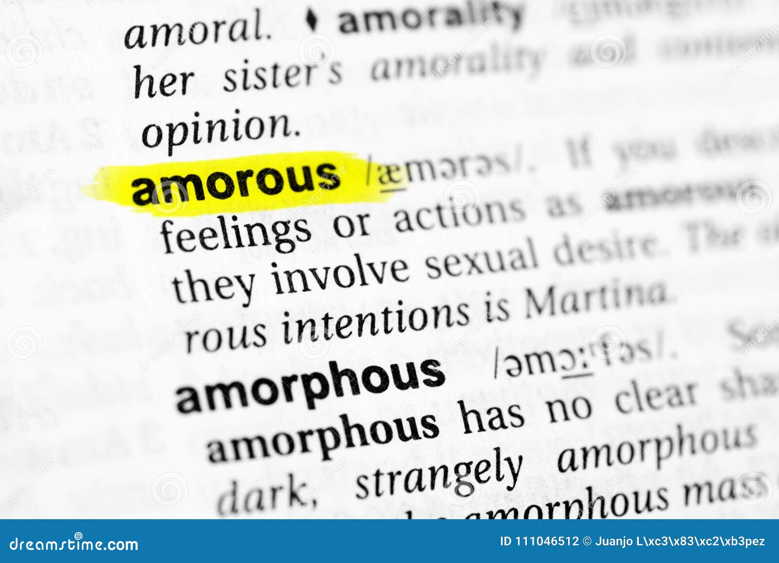 Highlighted English Word `amorous` and Its Definition in the Dictionary ...